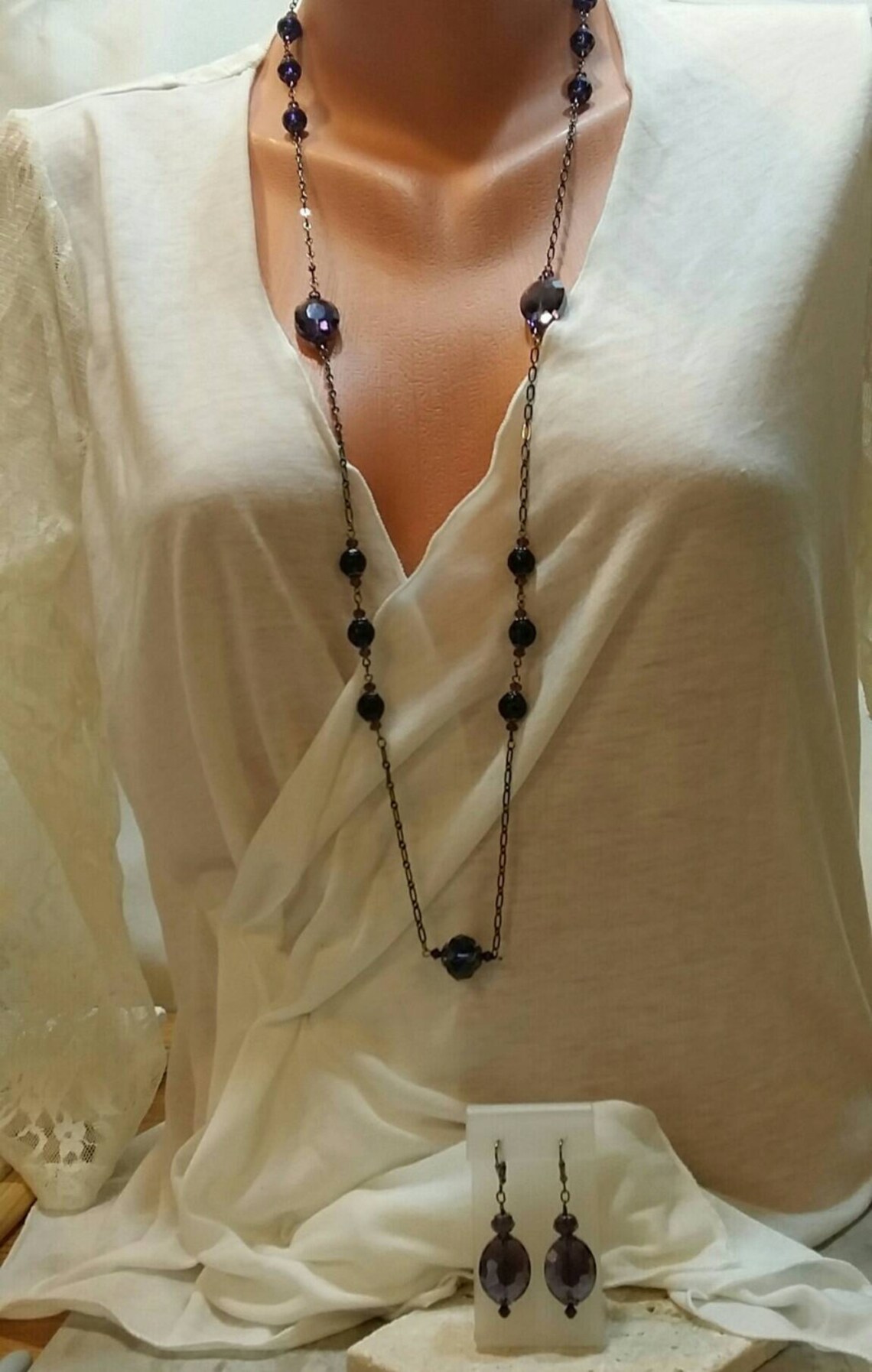 Purple Crystal Necklace and Earrings Gunmetal Chain Set - Etsy