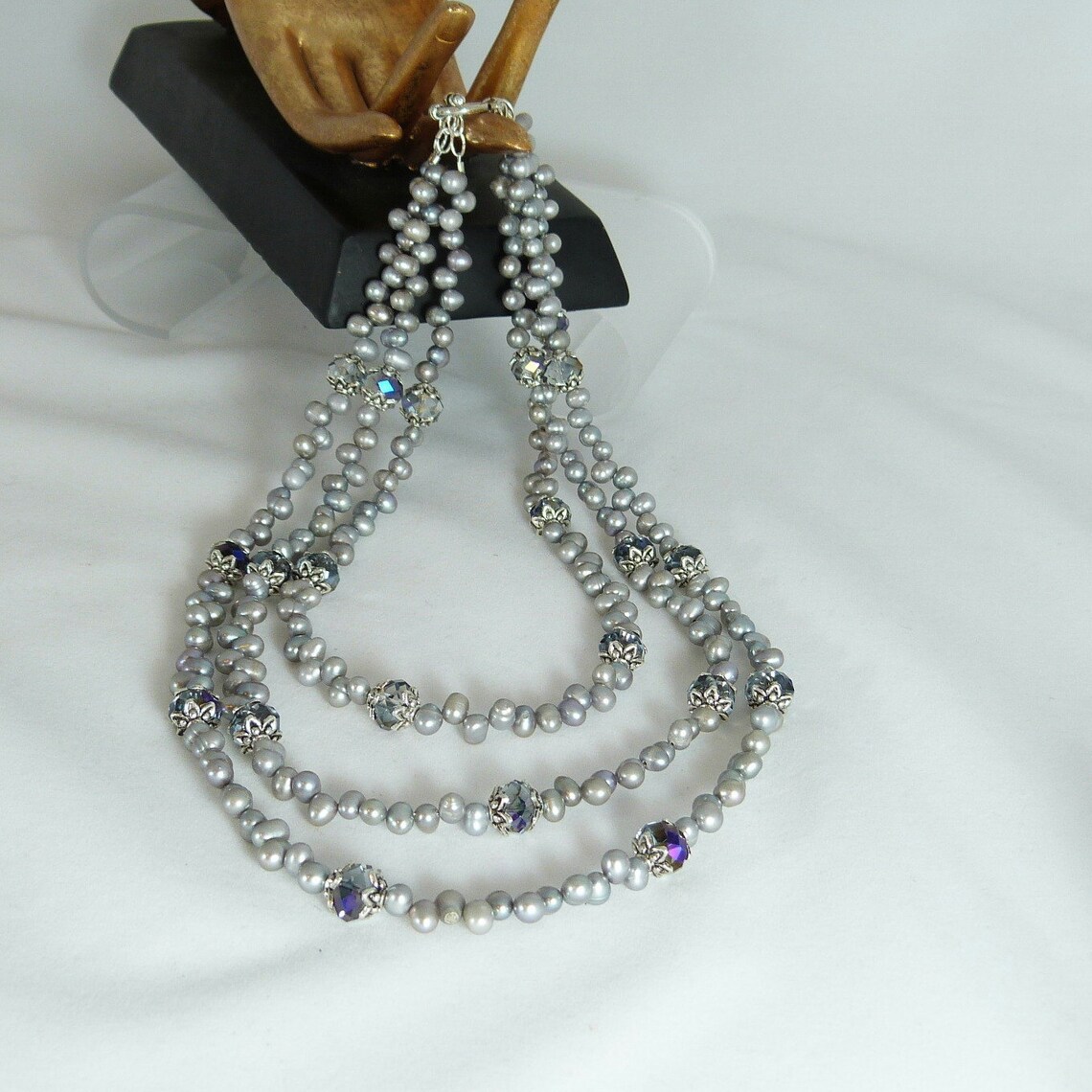 Silver Freshwater and Crystal Triple Necklace - Etsy