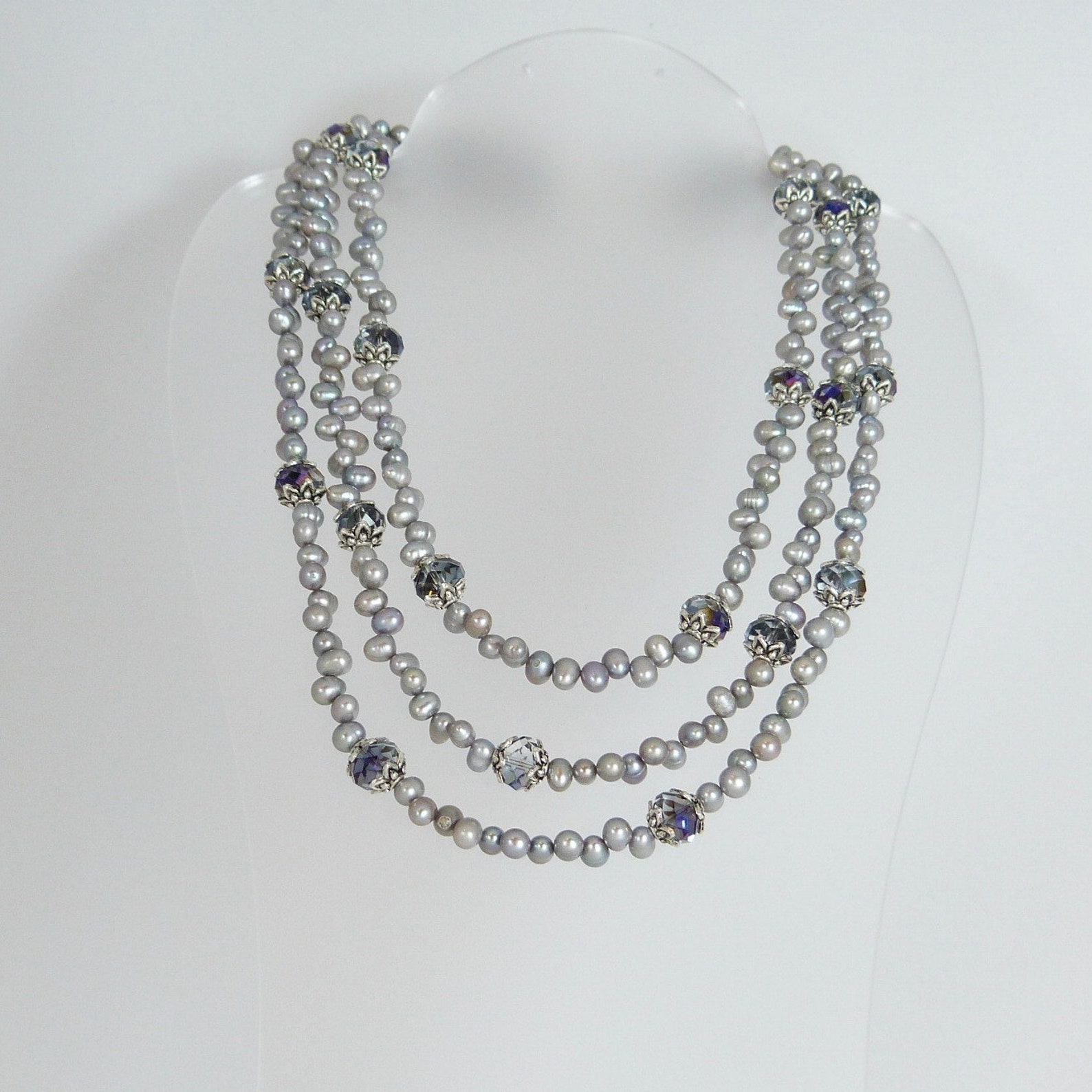 Silver Freshwater and Crystal Triple Necklace - Etsy