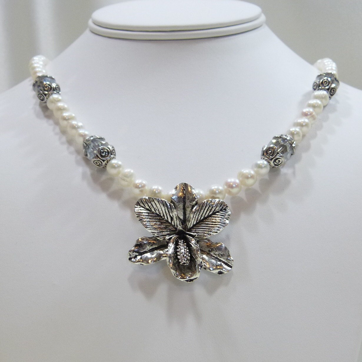 Silver Pewter Iris Pendant Freshwater Pearl and Crystal Necklace - Etsy