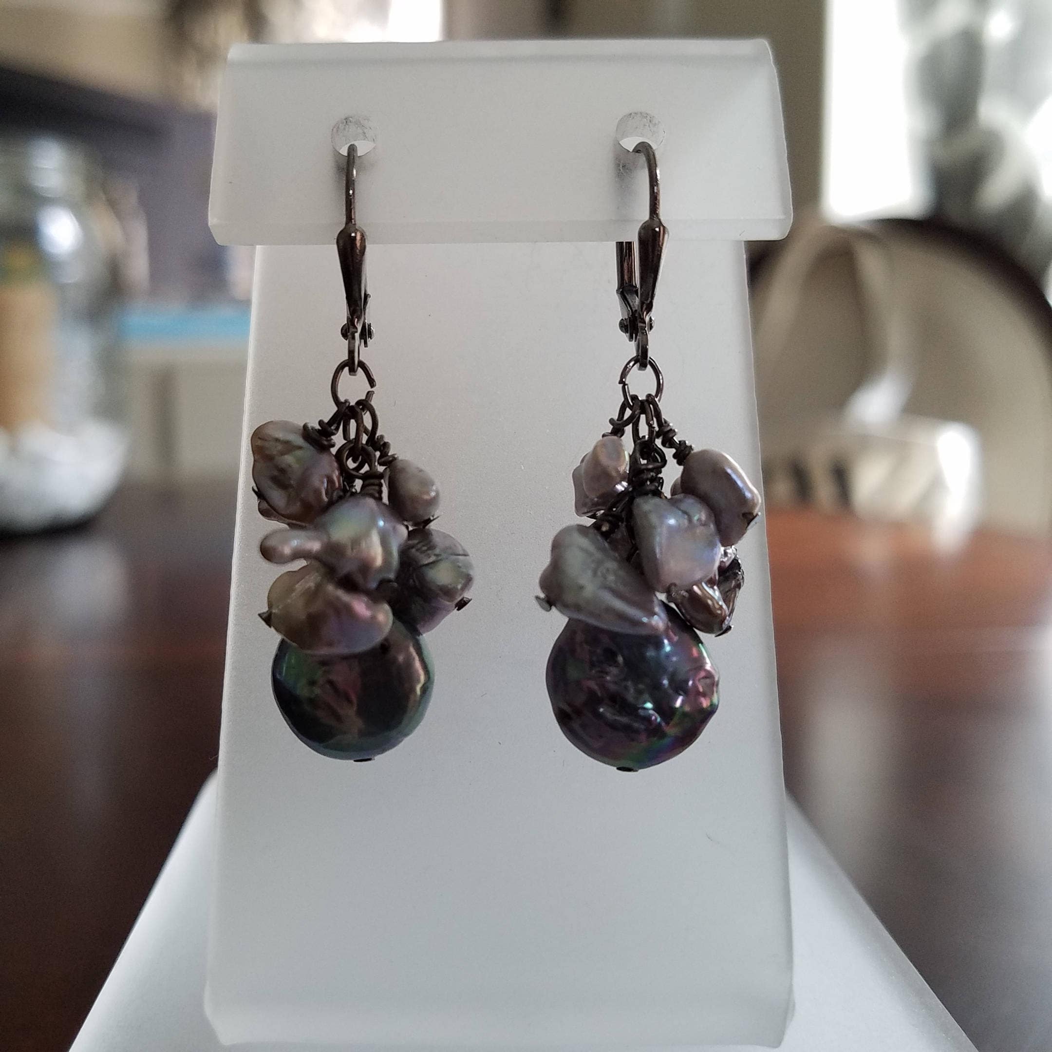 Peacock Freshwater Keishe Cluster With Coin Pearls on Gunmetal ...