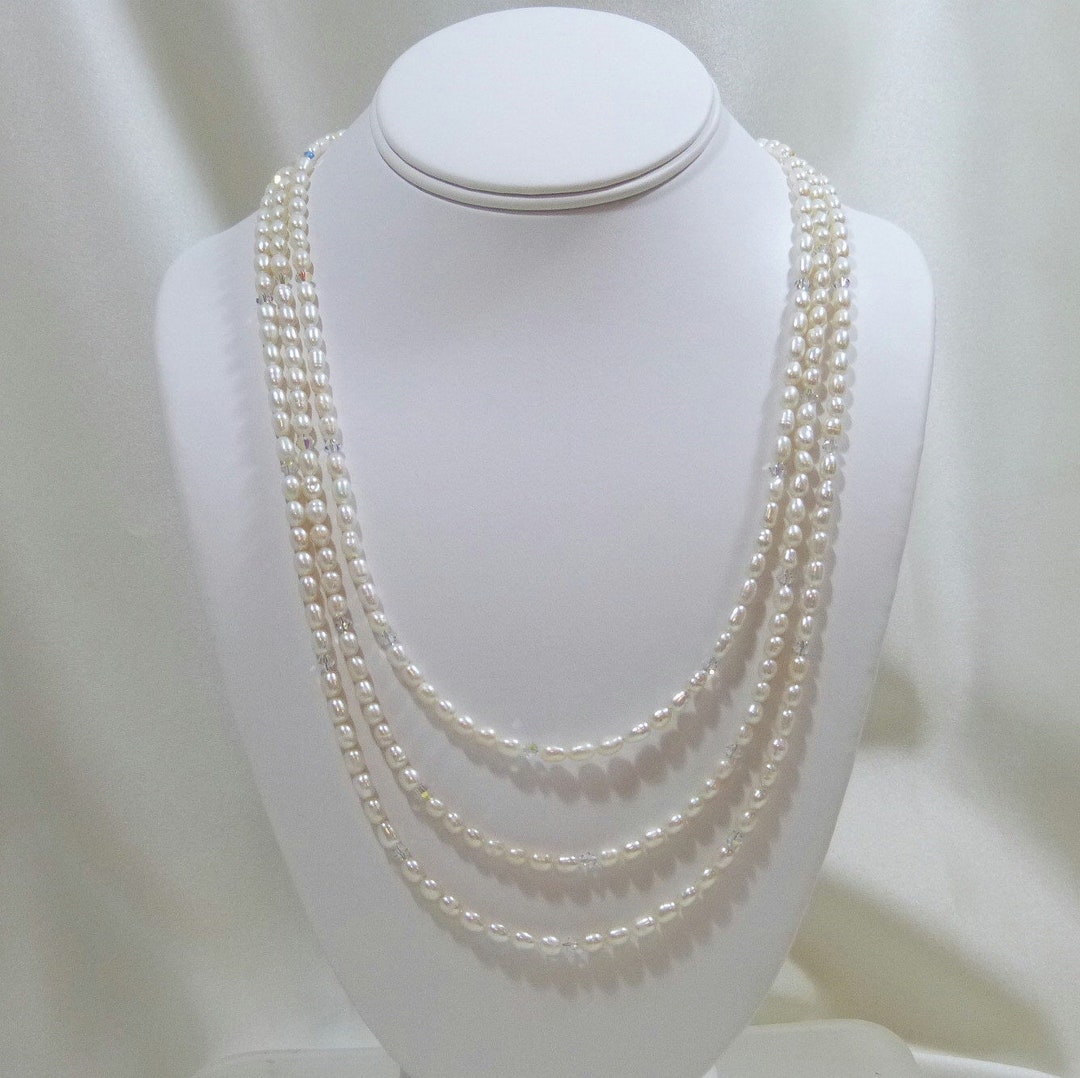 White Rice Freshwater Pearl 3 Long Strand Necklace - Etsy