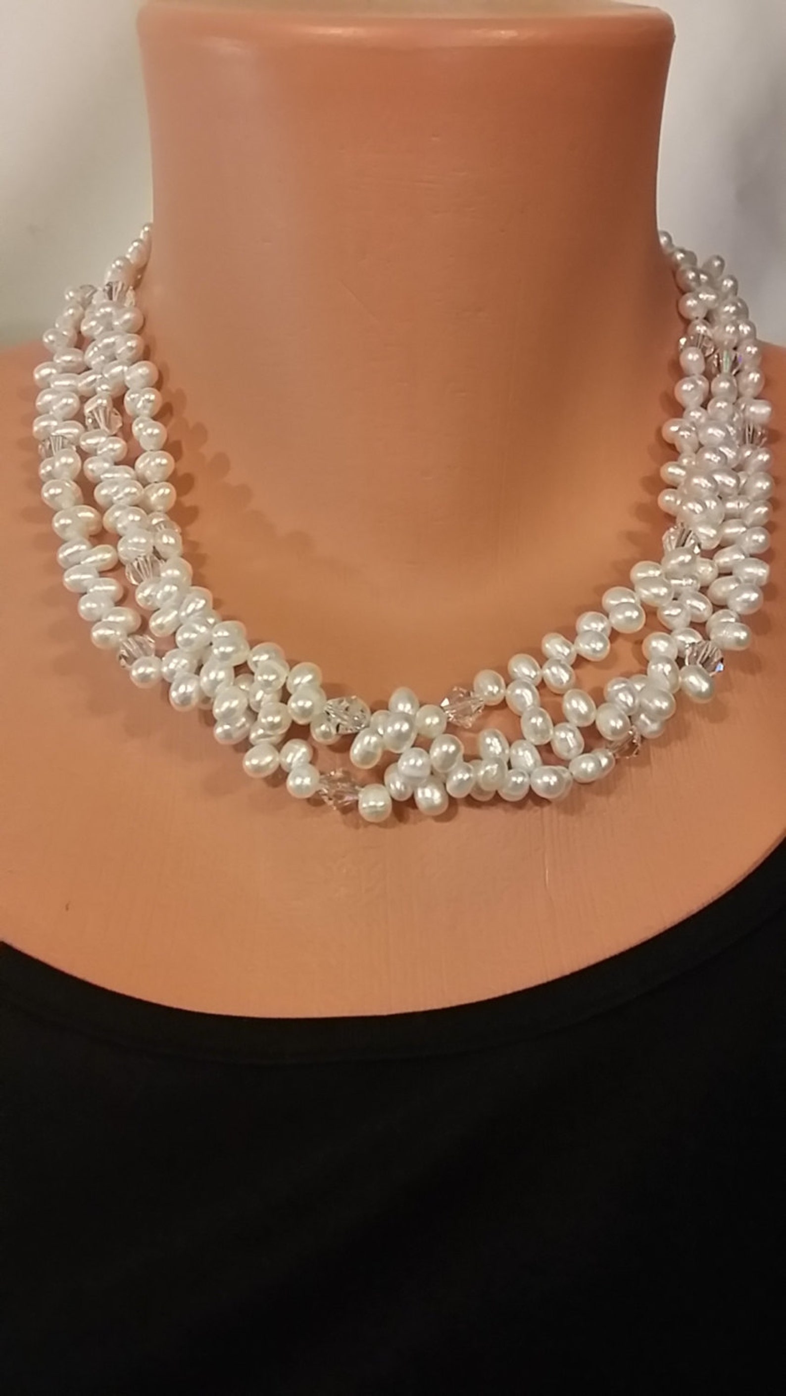 Natural Freshwater Pearl and Swarovski Crystal Triple Strand Necklace ...