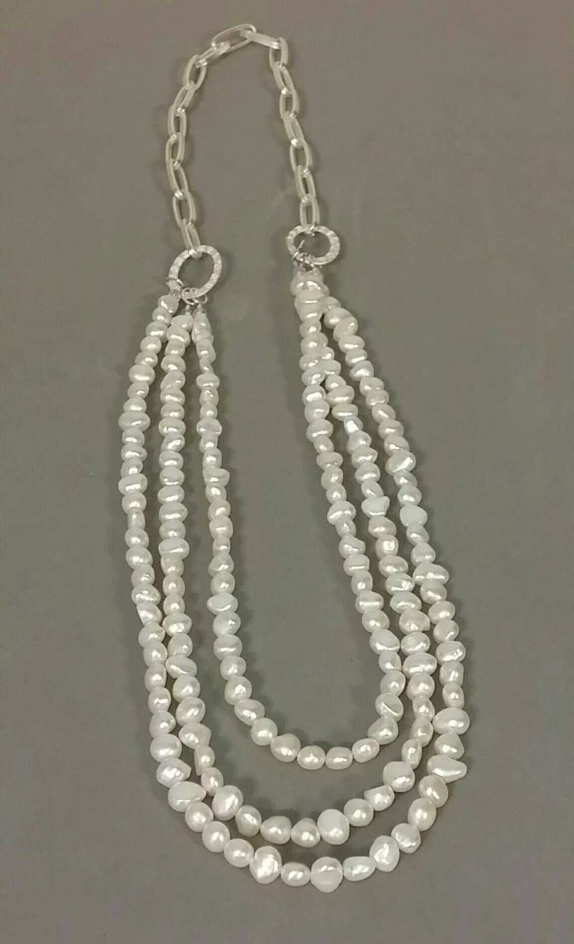 Triple Strand Genuine Freshwater Pearls and Chain Long - Etsy