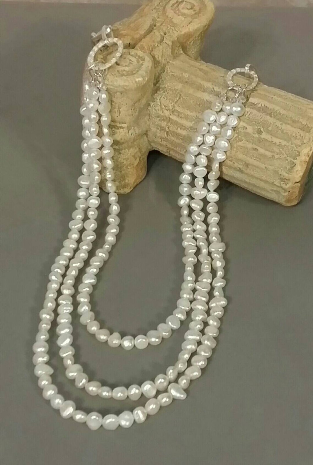 Triple Strand Genuine Freshwater Pearls and Chain Long - Etsy