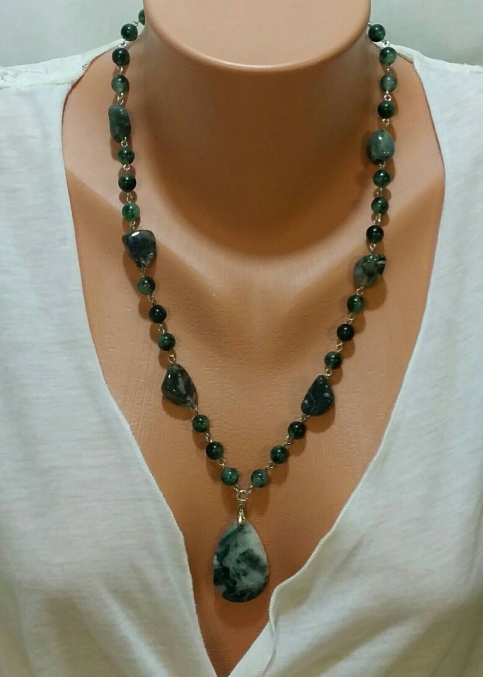 Moss Agate Chain Link Necklace With Pendant - Etsy