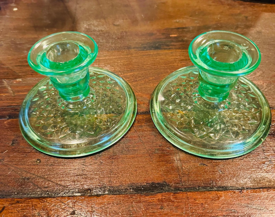 Antique Uranium Glass Vaseline Glass Candle Holders Candlesticks Set of ...