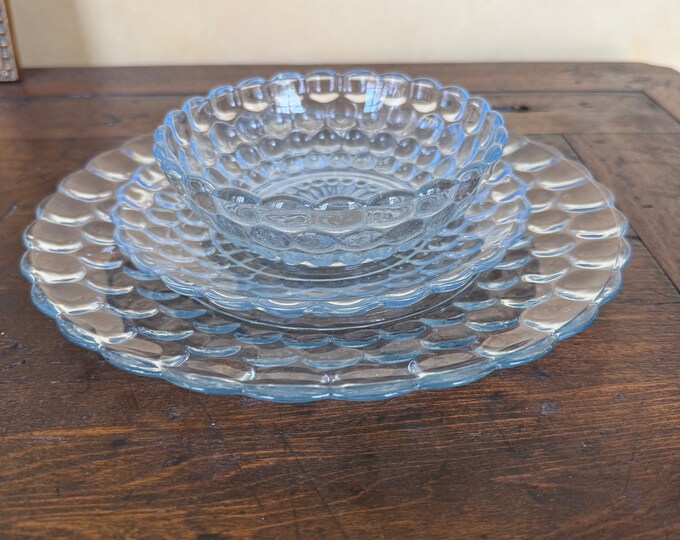 Vintage Blue Depression Glass Bubble Set by Anchor Hocking. Excellent ...