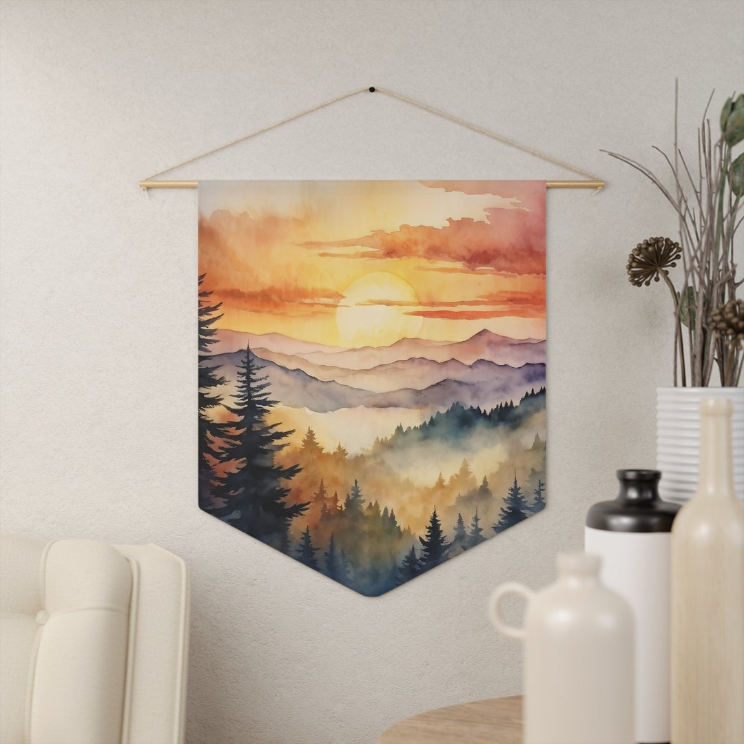 Sunrise Mountain Wall Art Scene Pennant Nature Forest View Wall Hanging ...