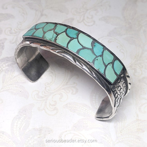Vintage Turquoise & Sterling Silver Channel Inlay Cuf… - Gem