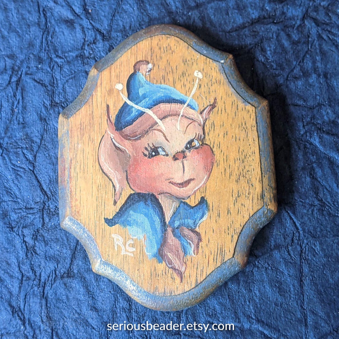 Small Vintage Original Elf Painting, "anti-worry Elfin" Blue Cap - Etsy