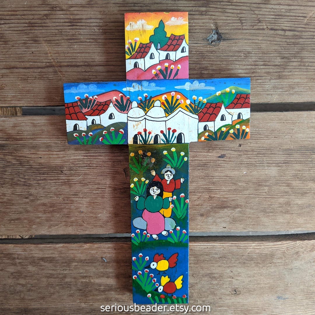 Vintage Cross, El Salvador, Painted Wood, 8", Village / People ...