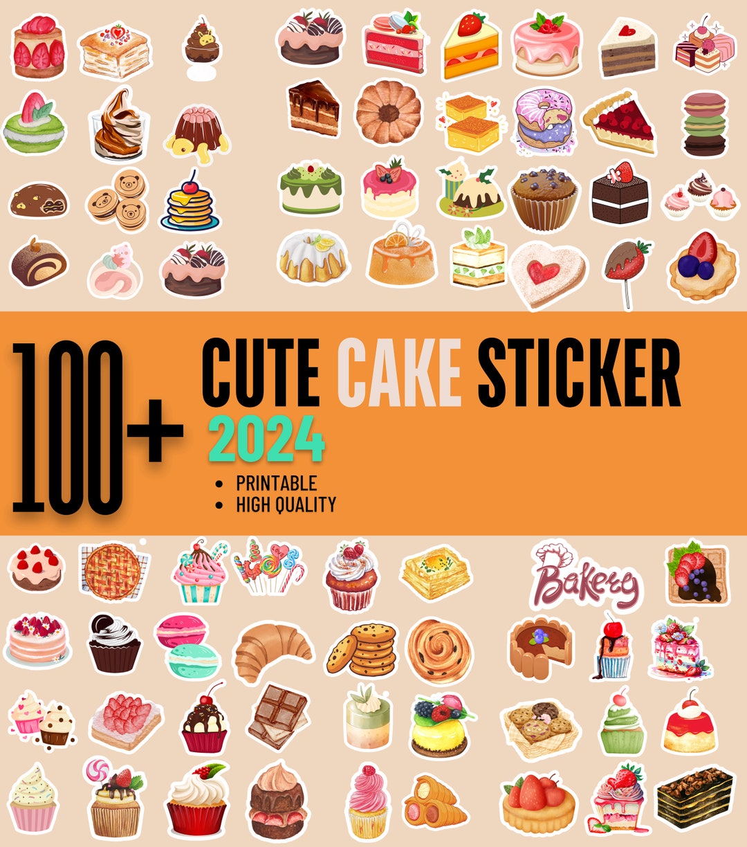 100 Cute Cake Cartoon Sticker Printable High Quality Design 2024 - Etsy