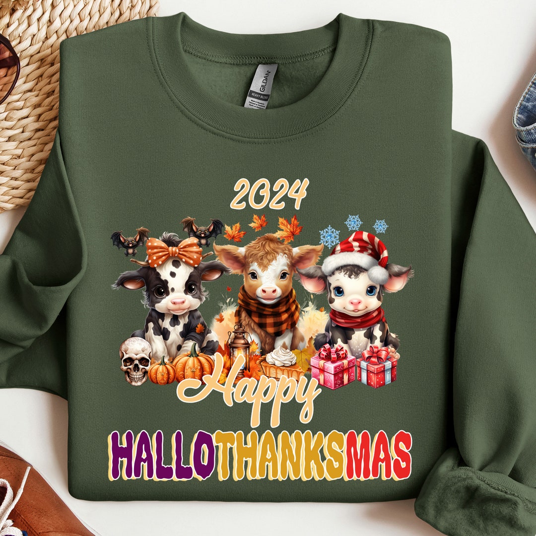 Funny Hallothanksmas Sweatshirt Cute Cow Shirt 2024 Halloween ...