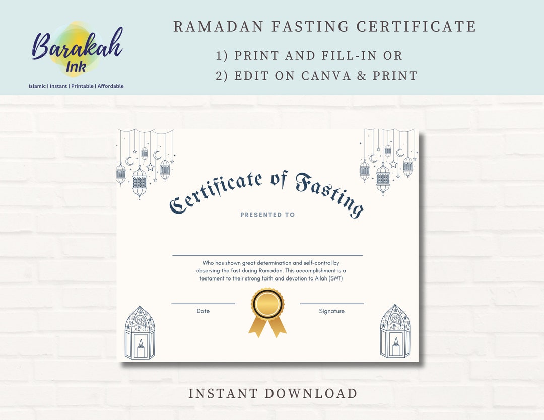 Ramadan Fasting Certificate, First Fast Certificate, Editable Ramadan ...