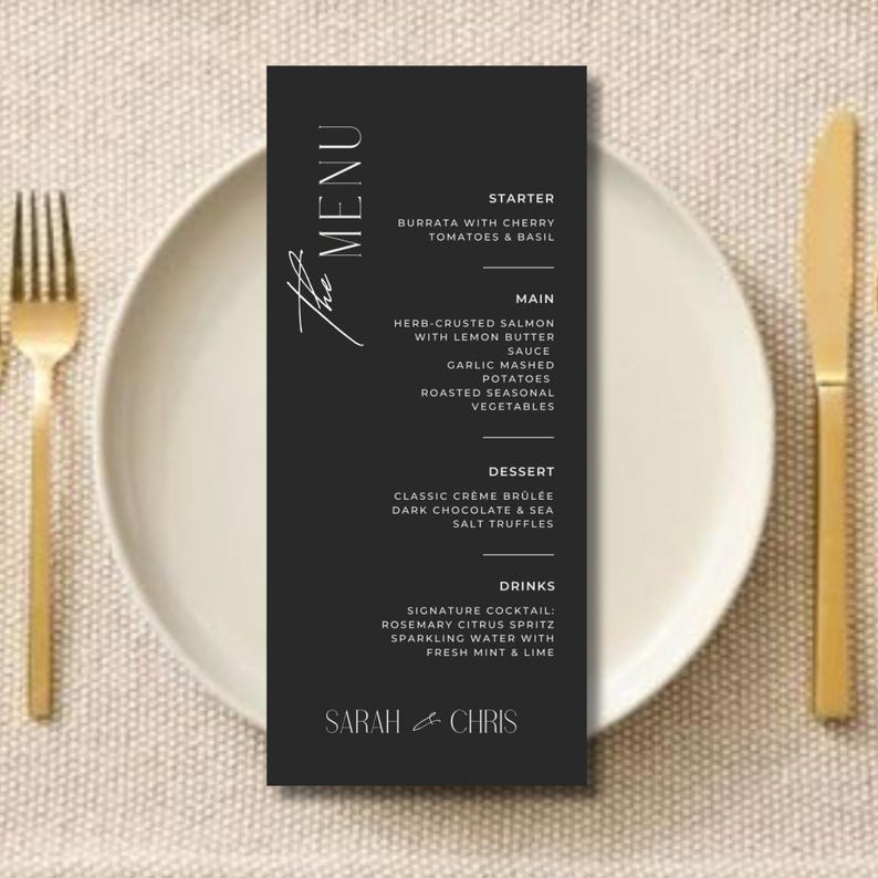 Black Modern Wedding Menu | Customizable Dinner Menu Design | Clean ...
