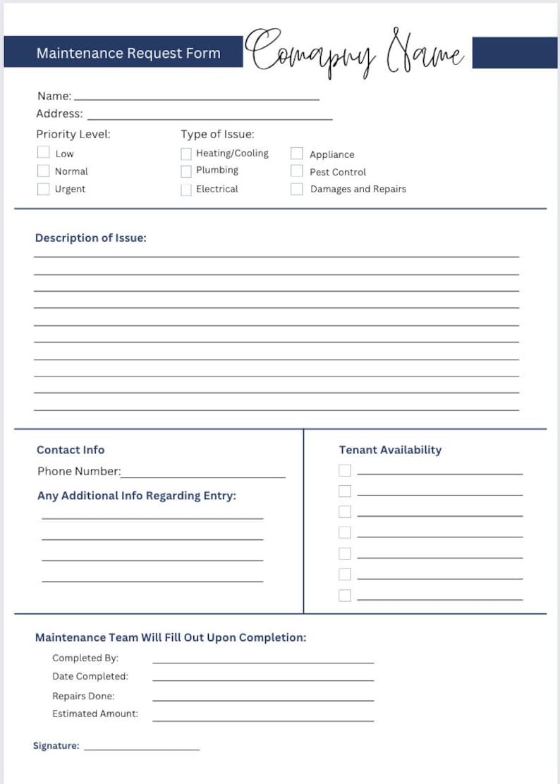 Maintenance Request Form for Tenants, Landlords, and Property ...
