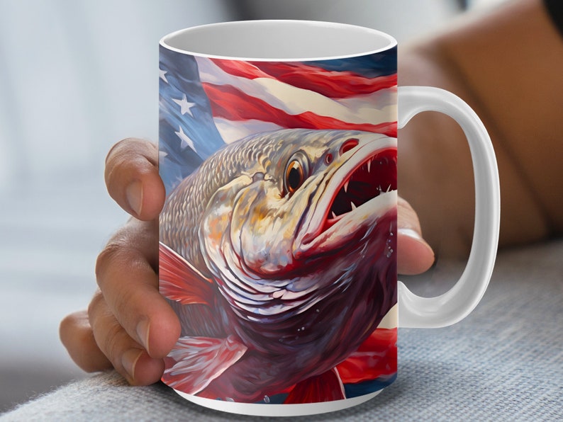Patriotic Large Mouth Bass Mug, American Flag Fishing Mug, Unique ...