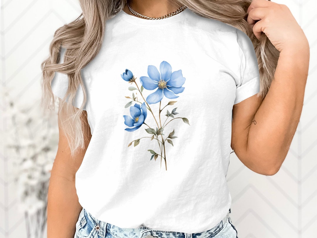 Elegant Blue Floral T-shirt, Women's Botanical Print Tee, Soft Cotton ...