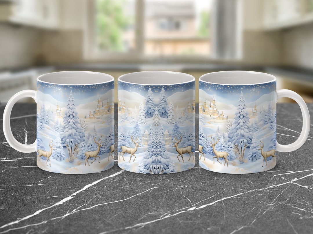 Winter Wonderland Mug, Snowy Landscape With Castle and Reindeer ...