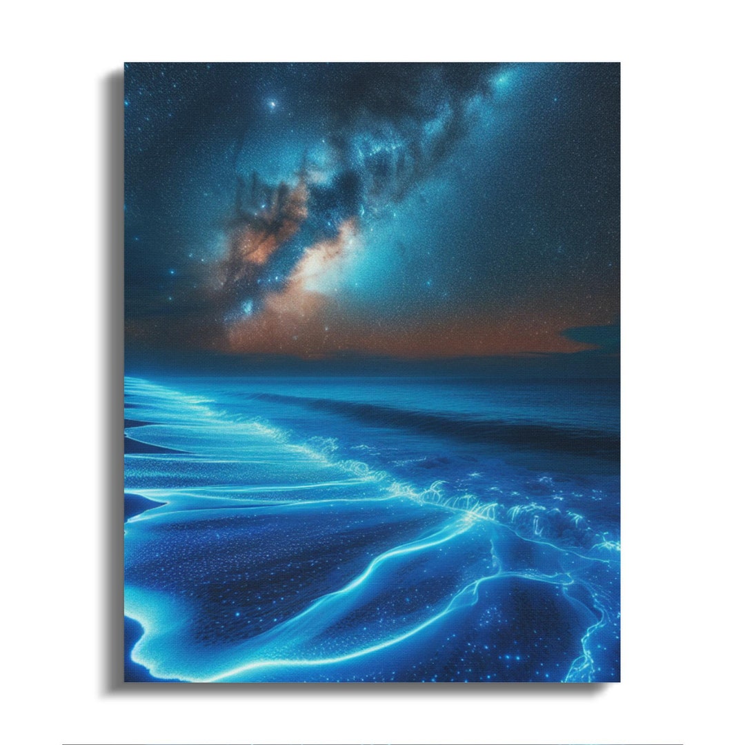 Bioluminescent Beach at Night Wall Art, Sparkling Ocean Waves, Starry ...