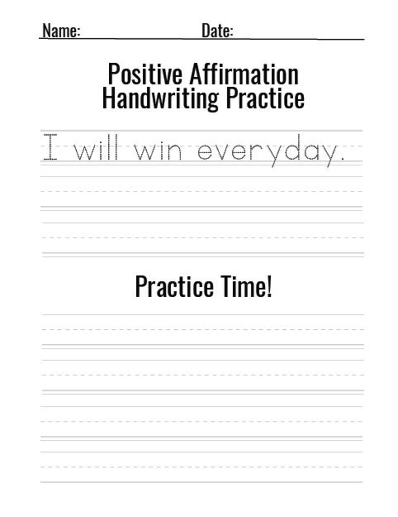 Positive Affirmations Handwriting Practice Worksheets - Etsy