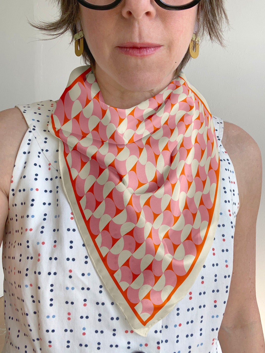 Mod Scarf - 100% Silk Scarf, a Pink and Orange Neckerchief. Geometric ...