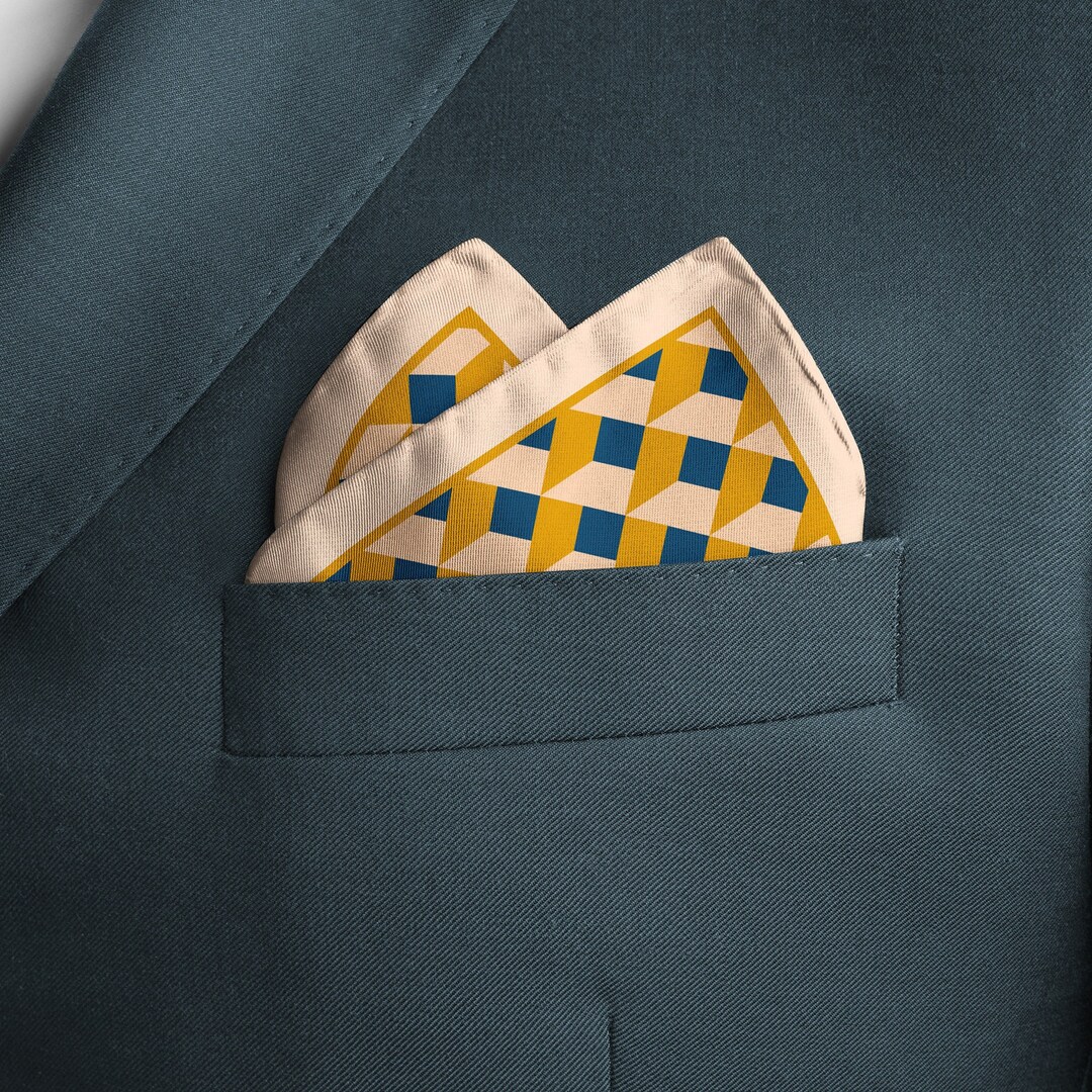Geometric Silk Pocket Square, Blue & Yellow Cubes, Men's Bandana - Etsy