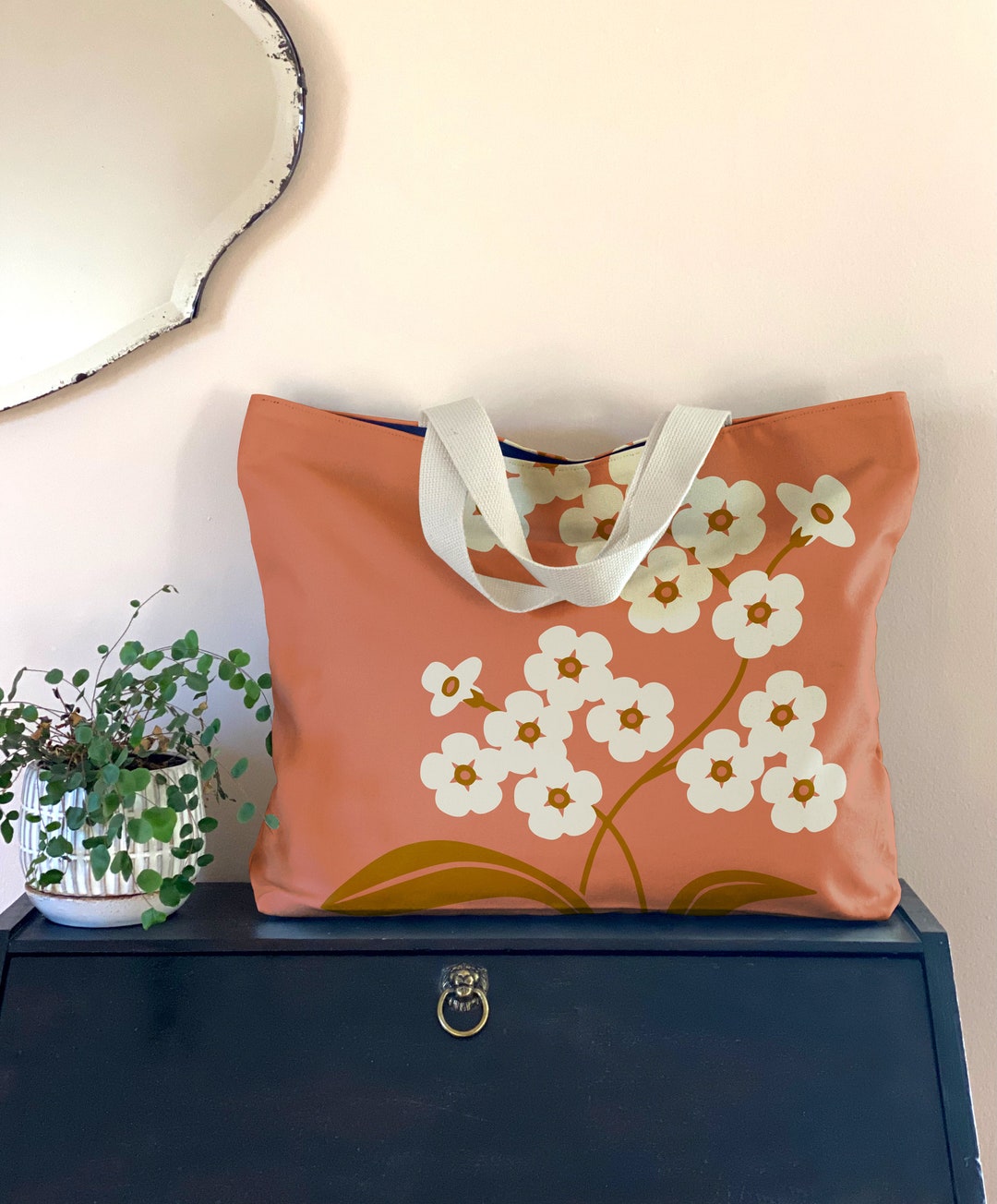 Oversized Floral Tote Bag, Forget Me Not Flowers, Coral Cream Canvas ...