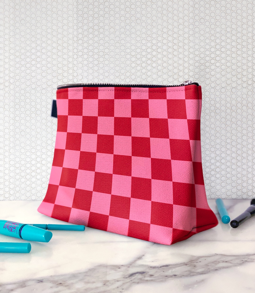 Checker Bag, Pink and Red Makeup Bag, Checkerboard Cosmetics Pouch ...