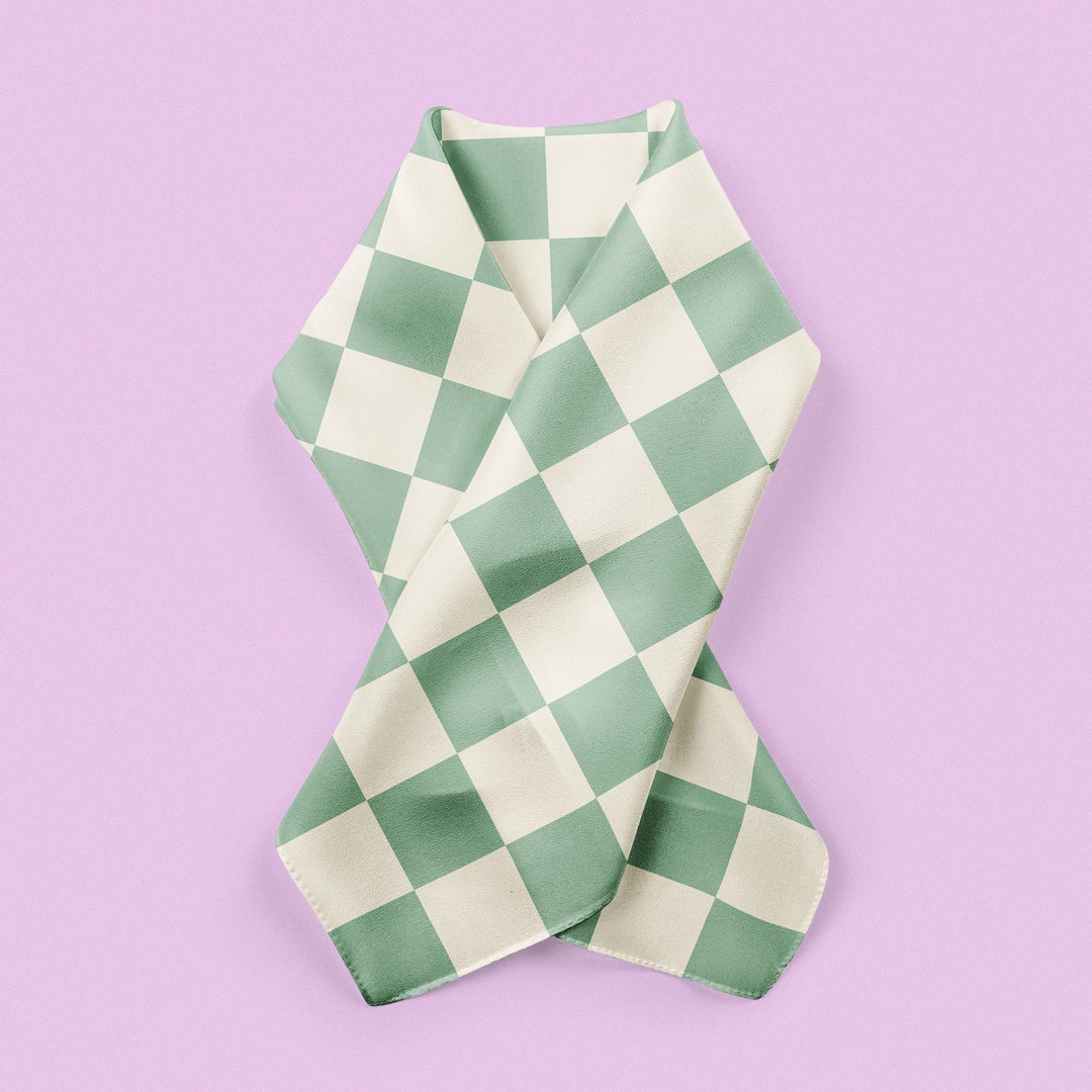 Green Checker Scarf, Square Silk Bandana, Checkered Neckerchief, Gift ...