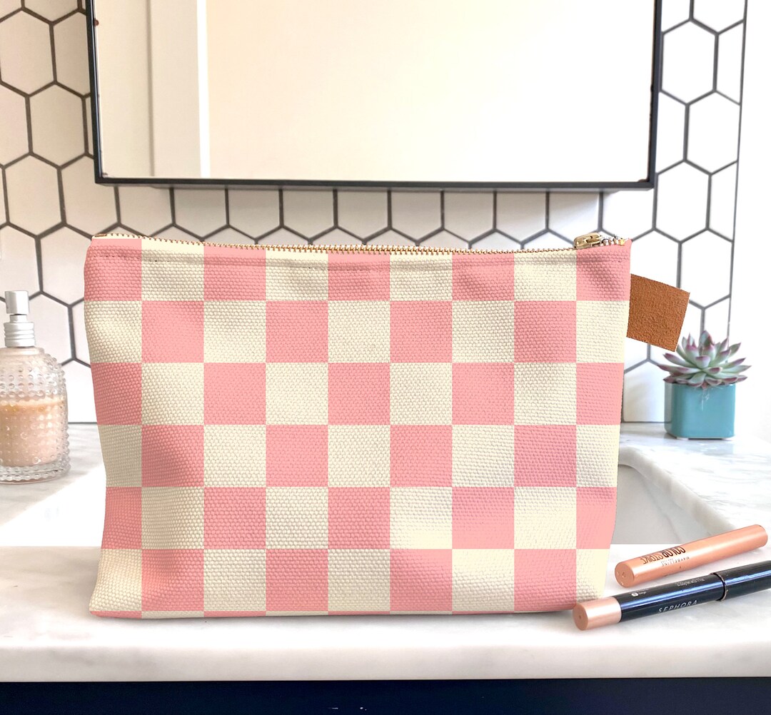 Checker Makeup Bag, Pink Zipper Pouch for Accessories and Toiletries ...