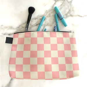 Checker Makeup Bag, Pink Zipper Pouch for Accessories and Toiletries ...