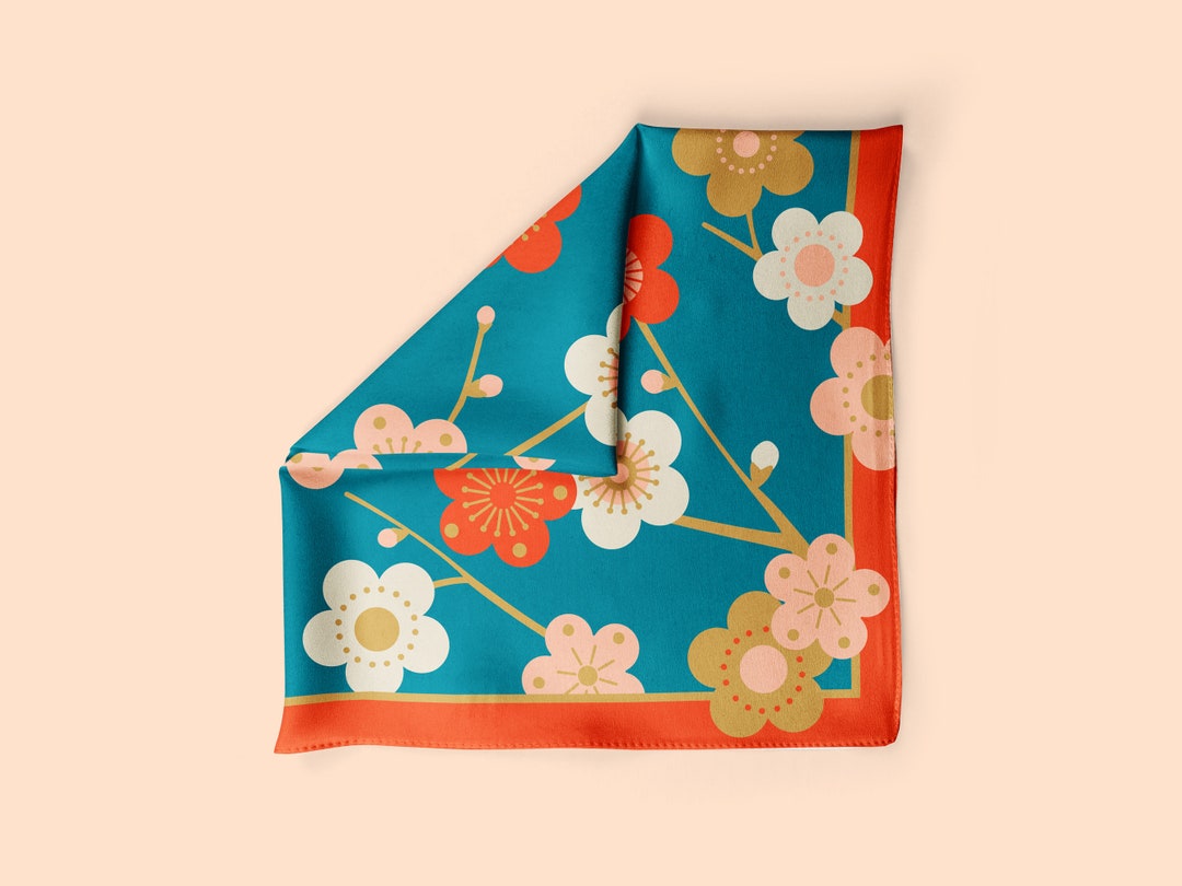 Japanese Floral Silk Scarf, Plum Blossom Neckerchief, Teal and Red ...