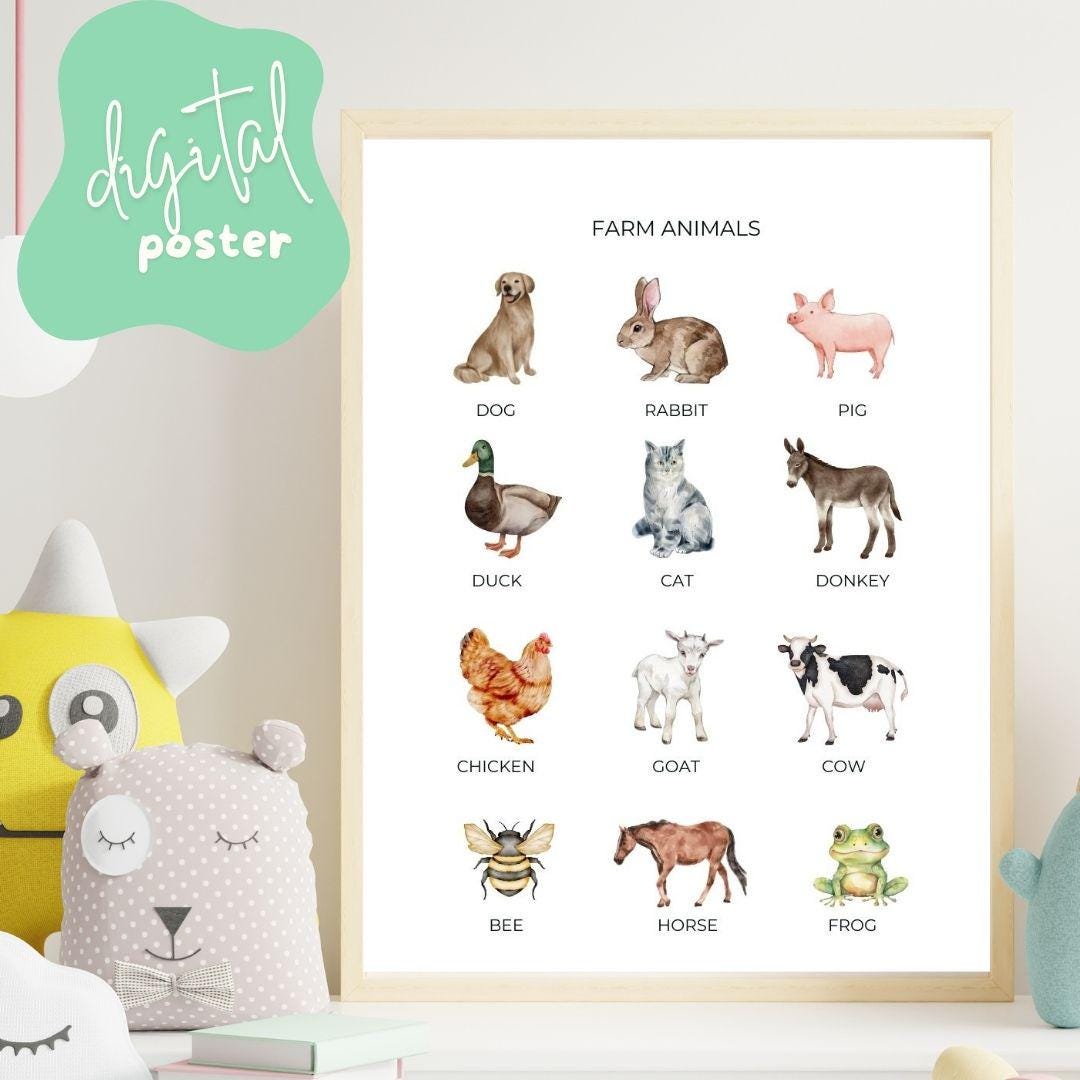 Farm Animals Poster, Homeschool Decor, Educational Art, Calming Corner ...