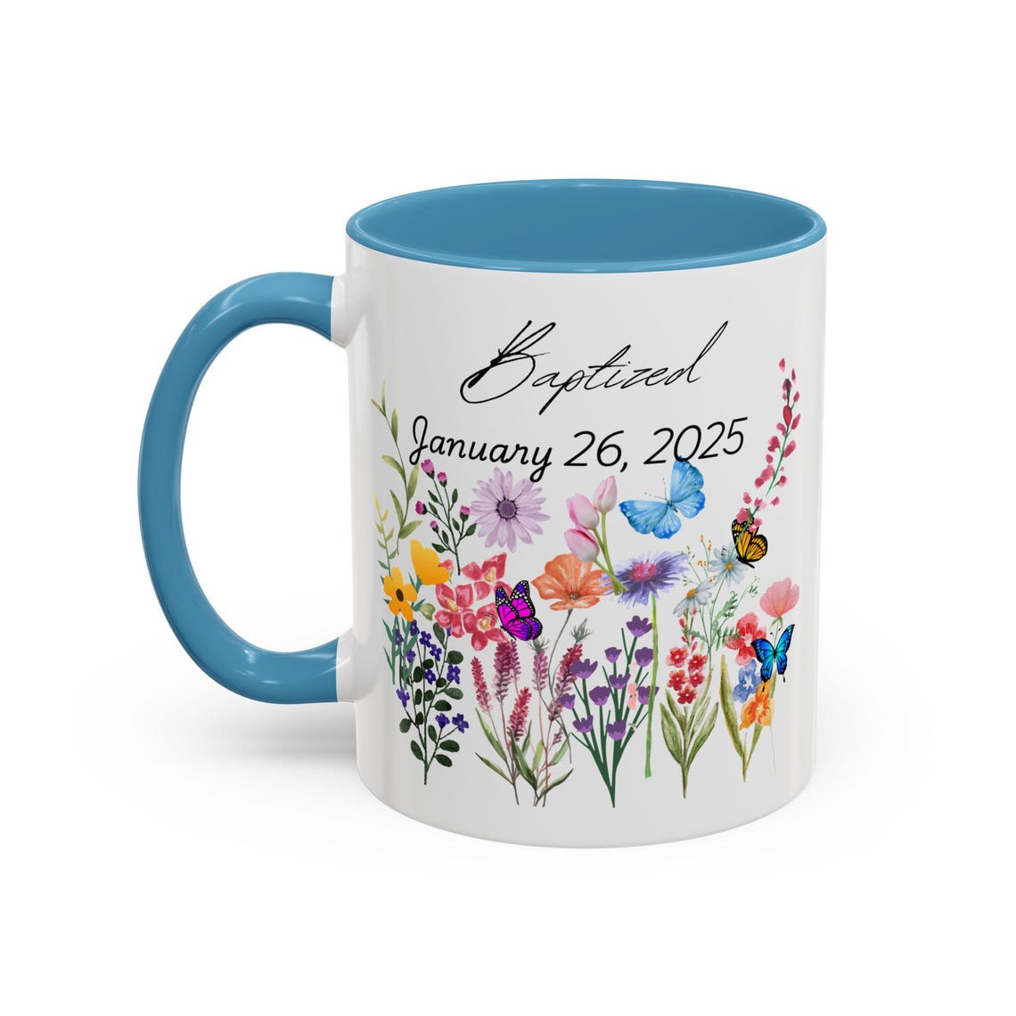 Personalized Baptism Mug, Floral Butterfly Mug, Custom Name & Date ...