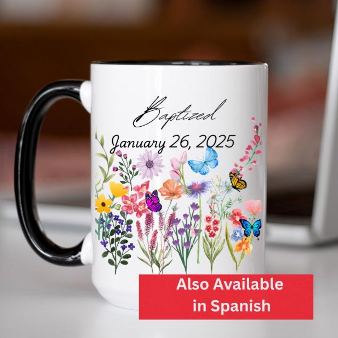 Personalized Baptism Mug, Floral Butterfly Mug, Custom Name & Date ...