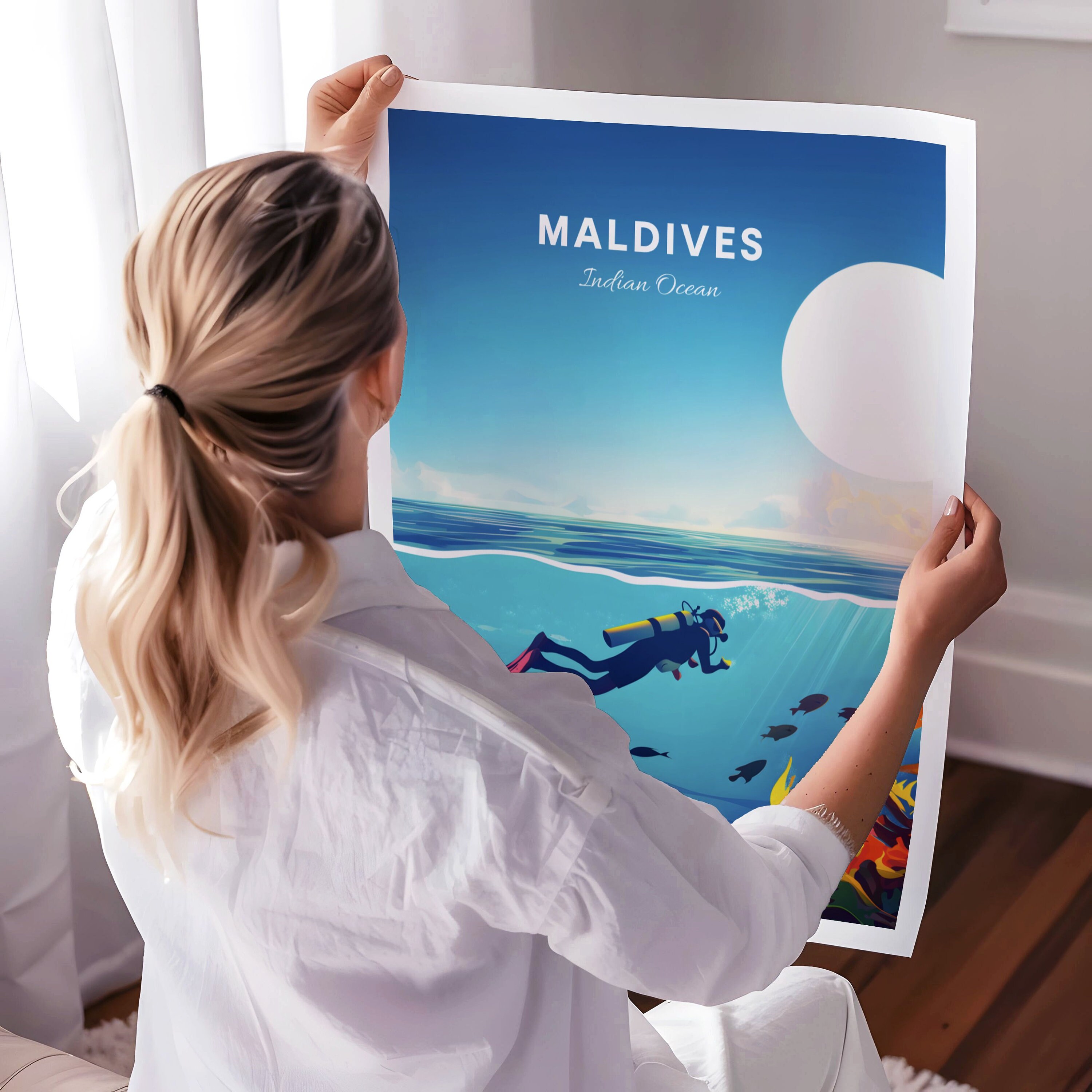 Maldives Travel Print Indian Ocean Wall Art, Maldives Poster, Indian ...