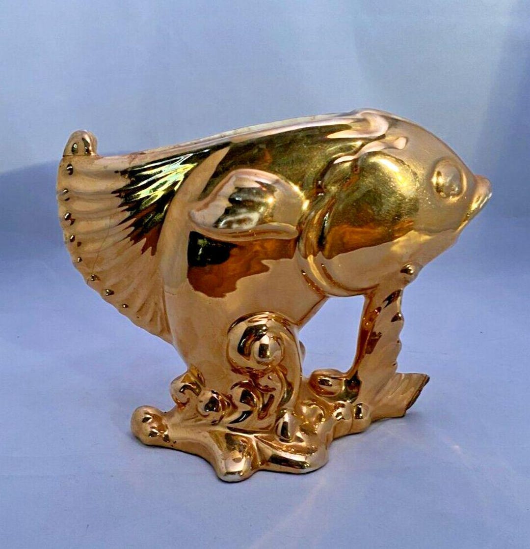 Large Ceramic Sculptured Fish Vase, Glossy Gold - Vintage - Etsy