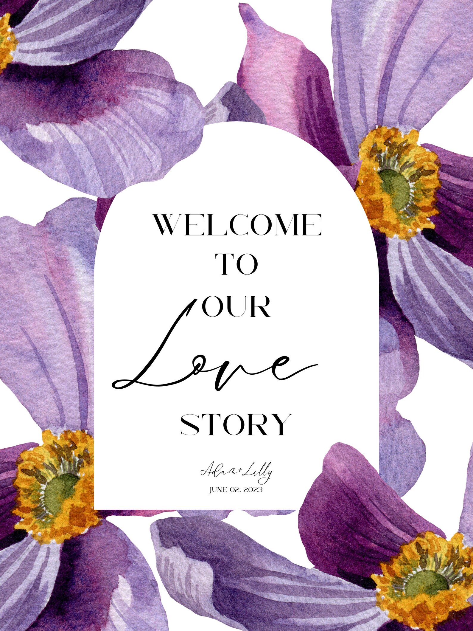 Digital Template Wedding Welcome Sign | Purple Floral Minimalistic ...