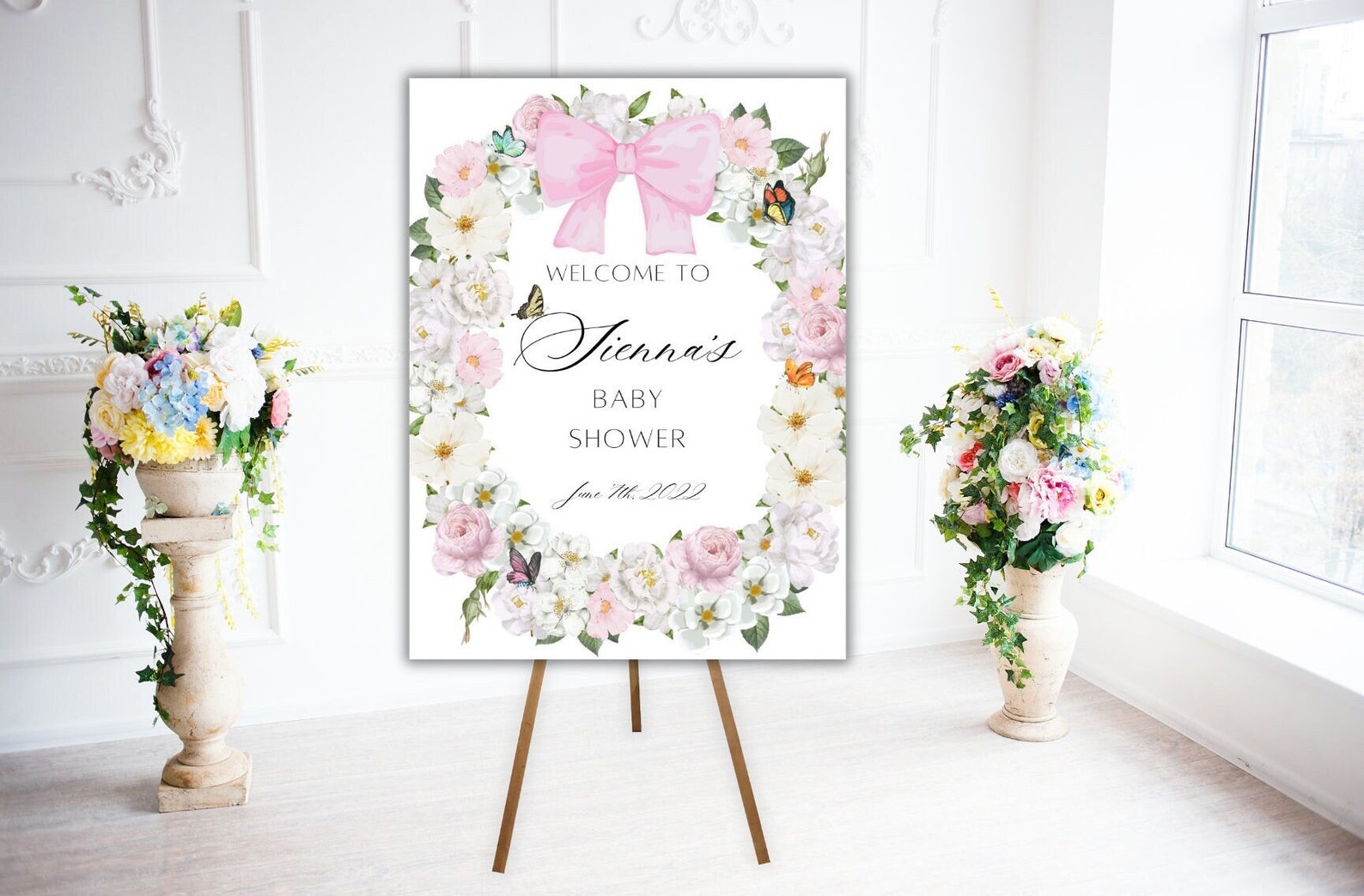 Baby Shower Welcome Sign Poster Template | Girly Bow Floral Butterfly ...