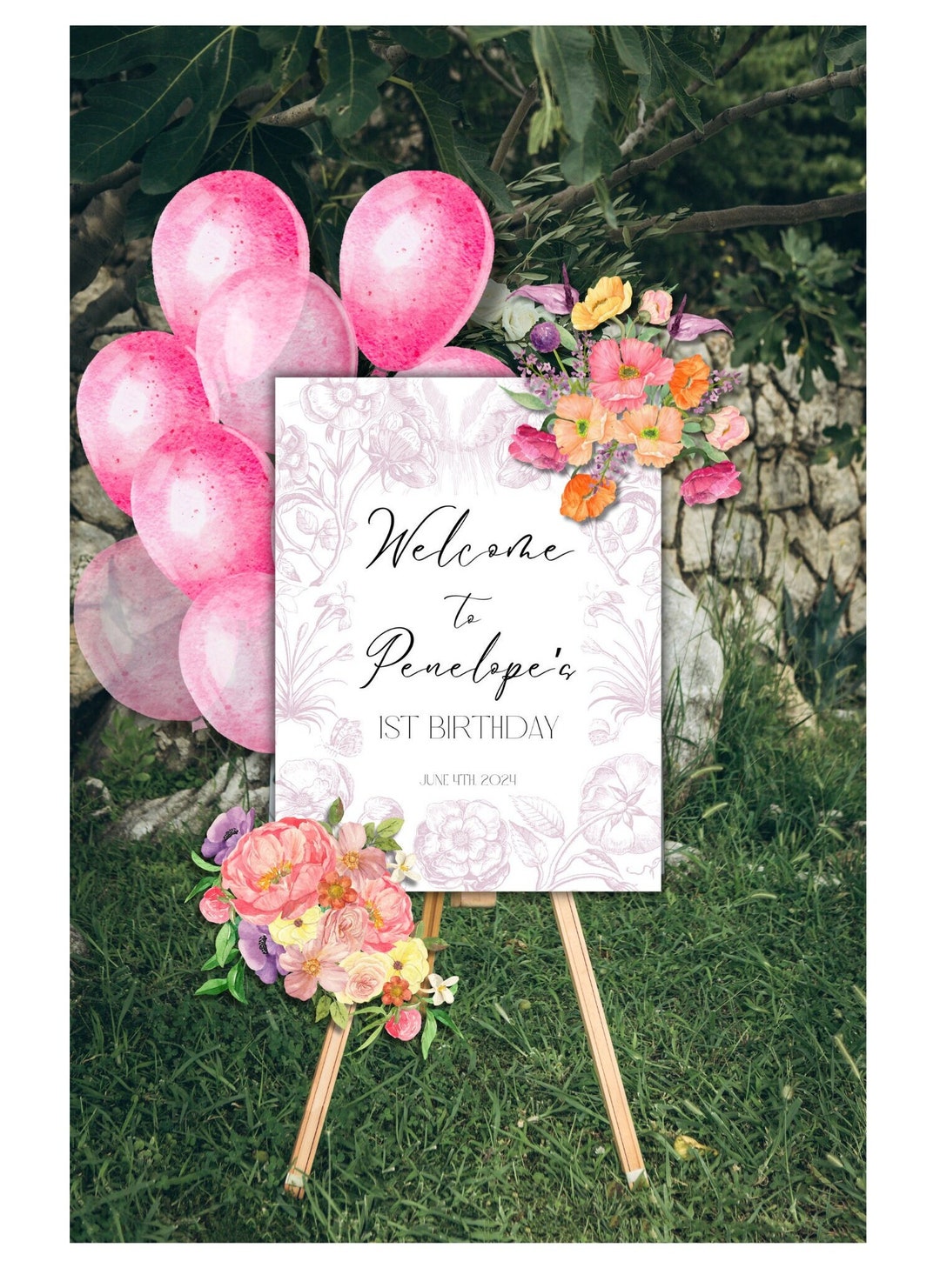 Digital Birthday Template | Floral One Year Pink Welcome Birthday ...