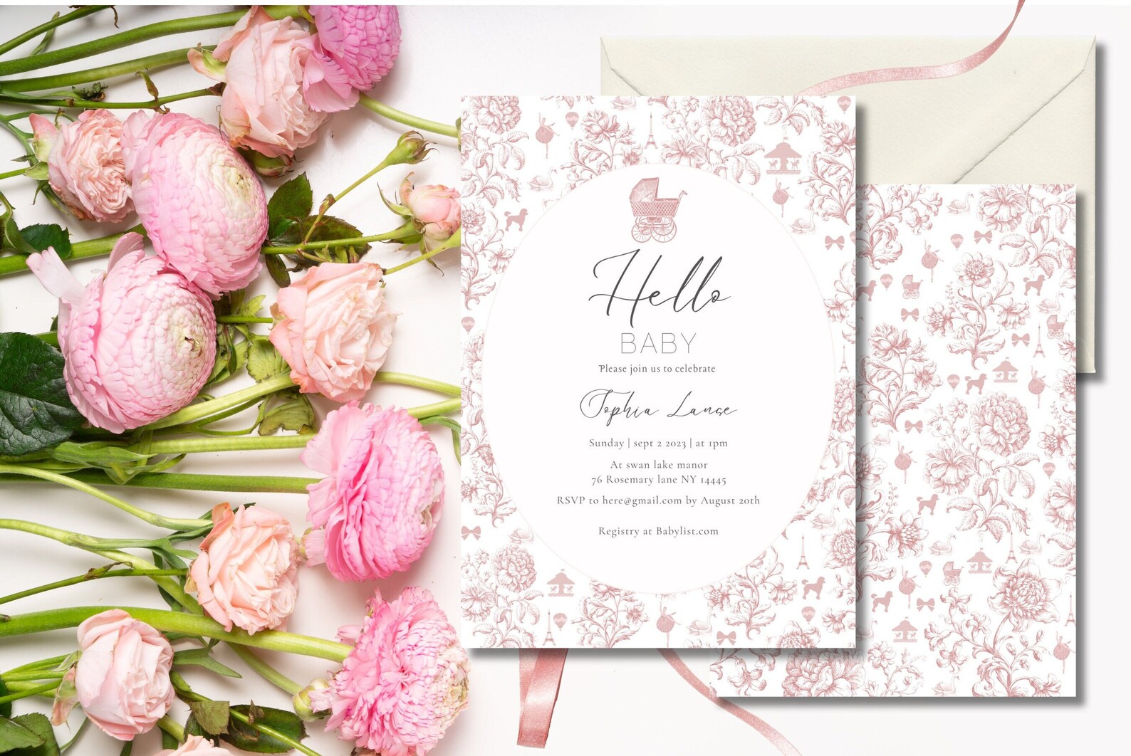 Baby Shower Invitation Digital Template | Pink Floral Girly Theme ...