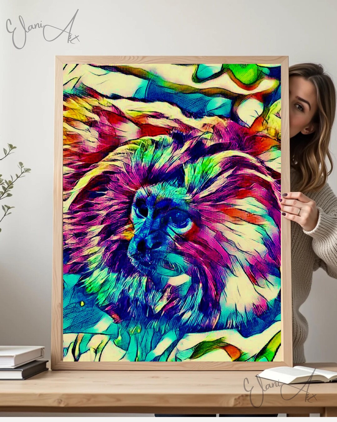 THE PRIMATE - an Original Vibrant Blue Pink Colorful Monkey on a Branch ...