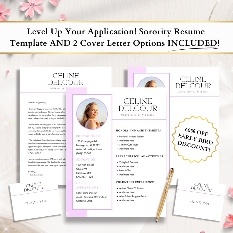 Sorority Resume Template With Photo, Recruitment Rush Resume Template Pack With Cover Letter ...