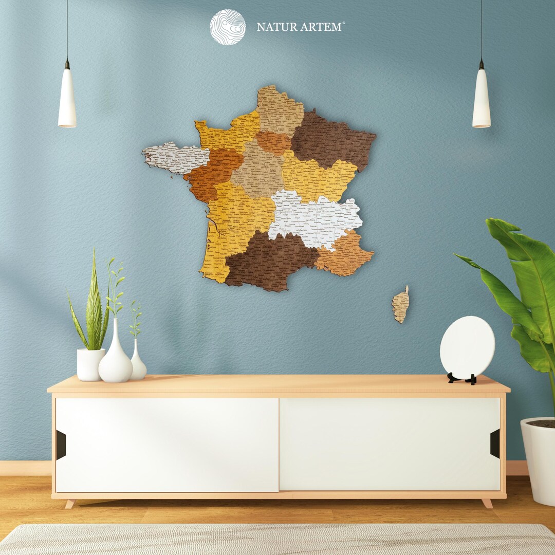 NATUR ARTEM® Wooden Wall Map of France / Handmade 2D Wall Decoration ...
