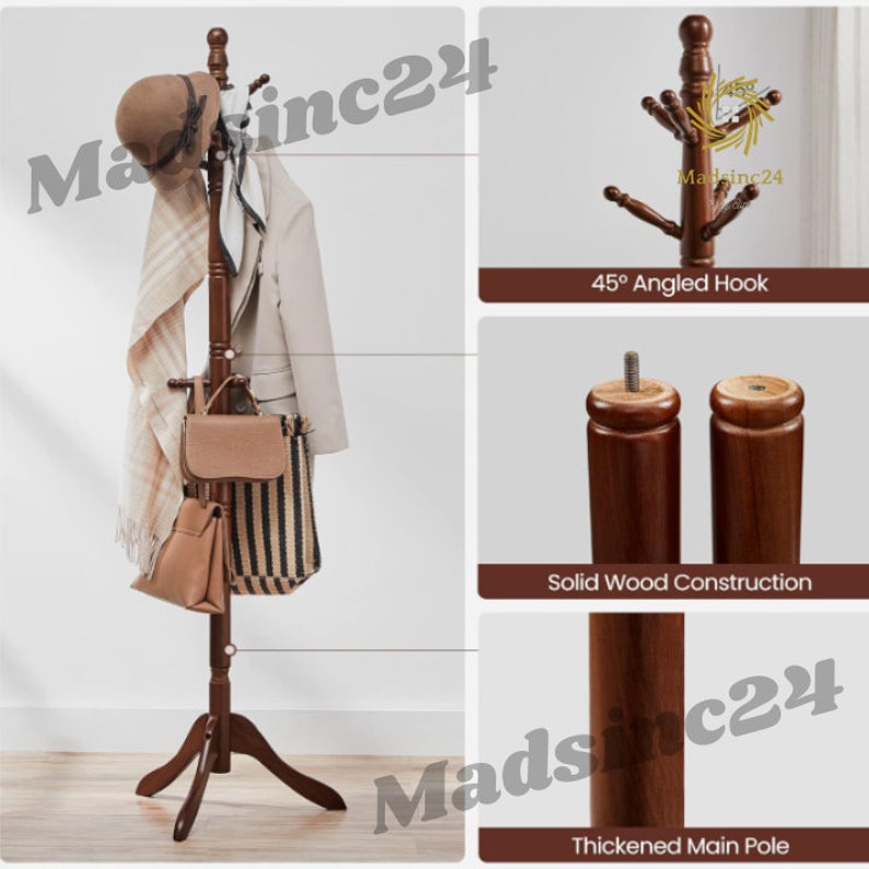 Wooden Standing Coat Rack With 10 Hooks Hat Rack Wood Coat Hanger ...