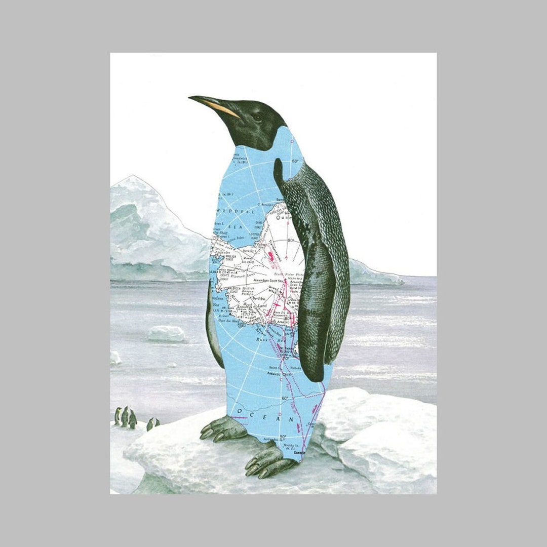 Collage Print Penguin Art Antarctica Map Artwork - Etsy