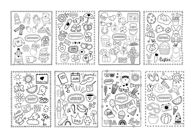Personalized Monthly Doodles Coloring Book, January-december, 12 Cute ...