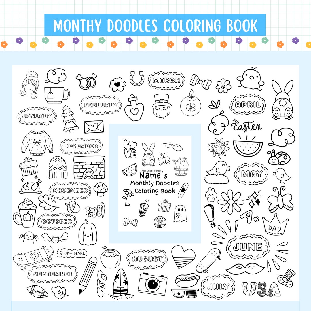 Personalized Monthly Doodles Coloring Book, January-december, 12 Cute ...